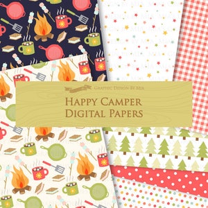 Camping Digital Paper, Happy Camper, Camping, Red & Green Digital Paper ...