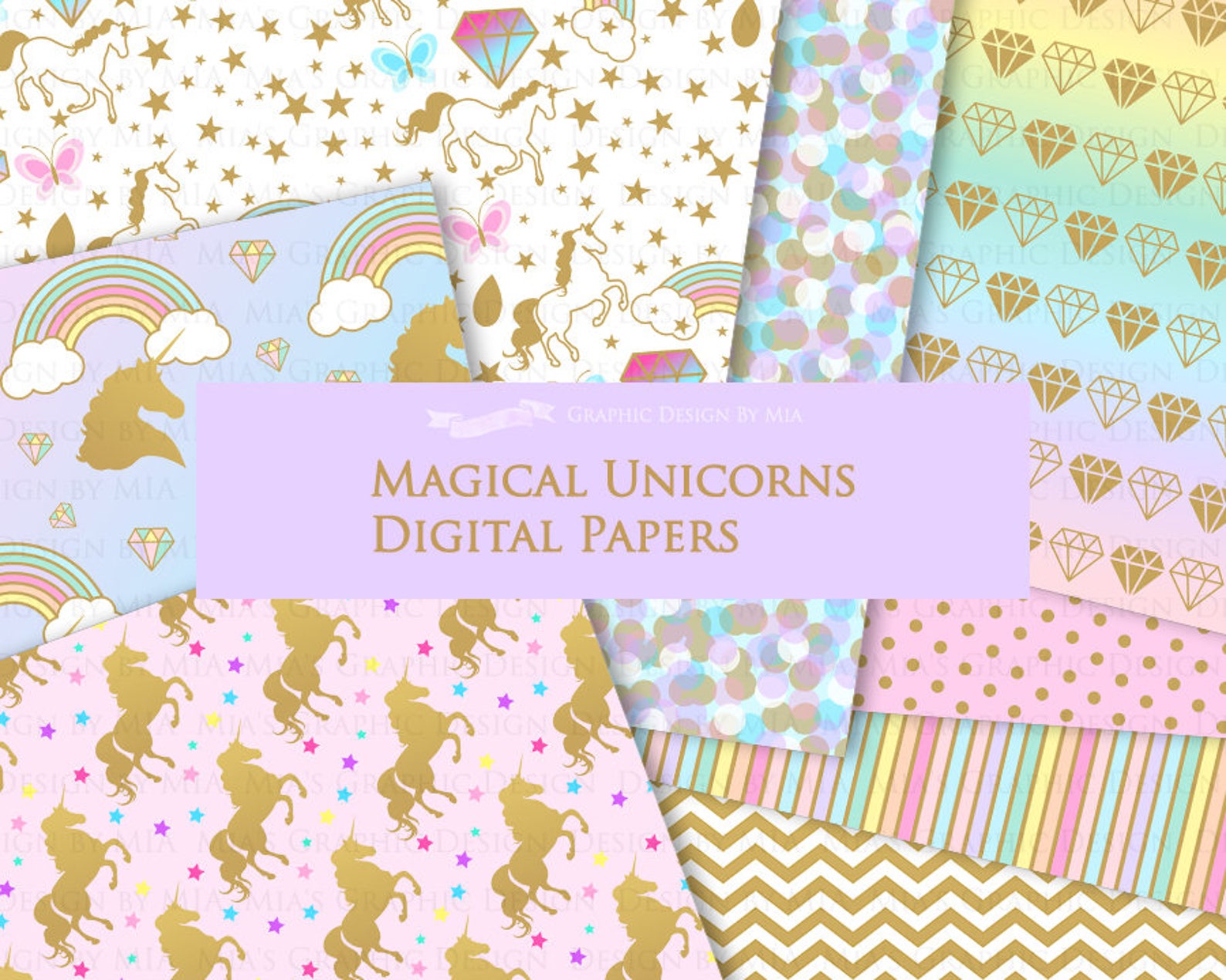 Magical Unicorns, Flat Gold Unicorns, Einhorn, Unicorn Digital, Unicorn ...