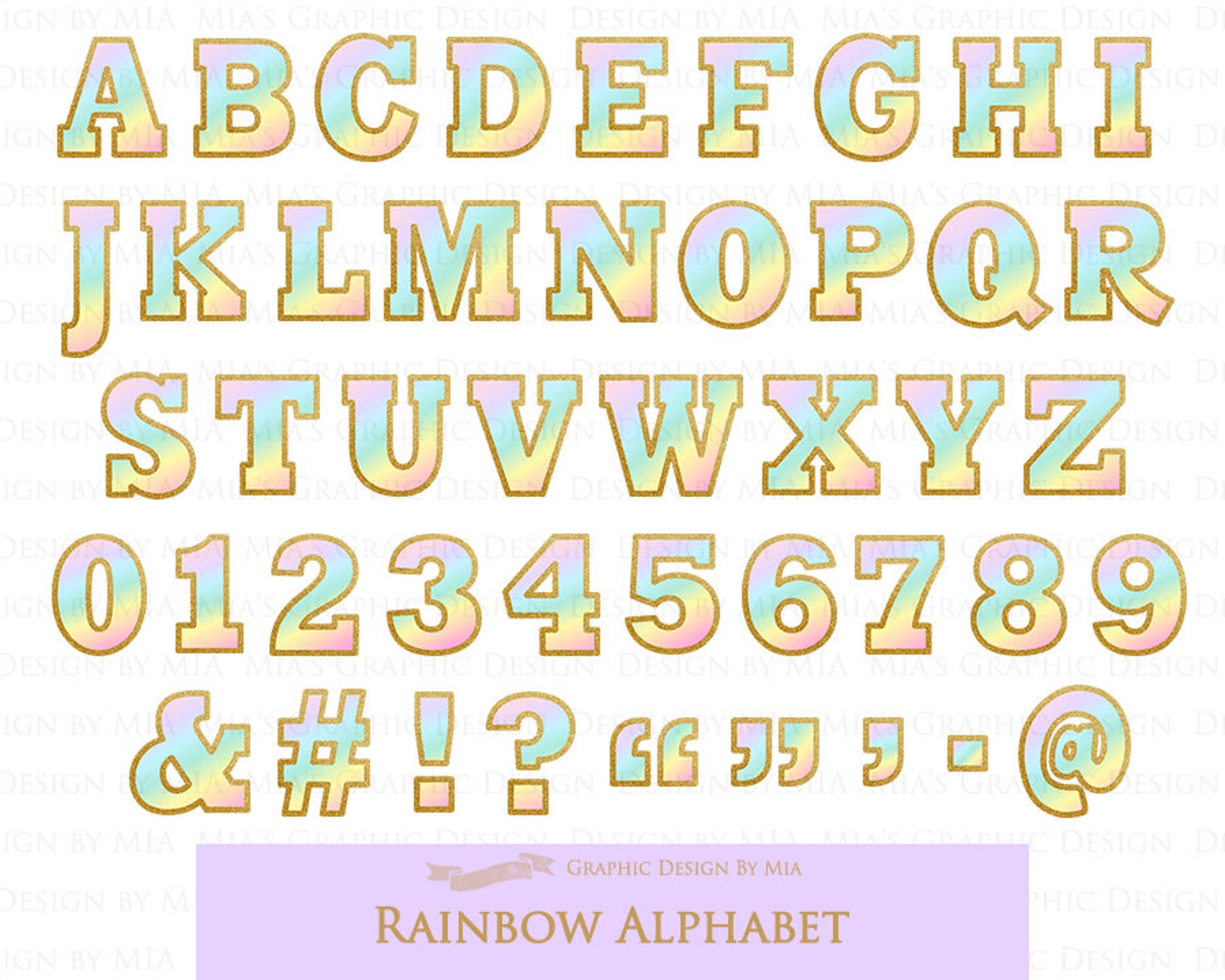 Rainbow Alphabet & Numbers, Gold Glitter Gradient Letters, Capital ...