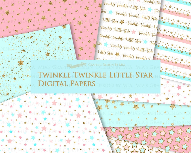Pink Light Blue Gold Stars, Gold Glitter, Star Digital, Twinkle Twinkle ...