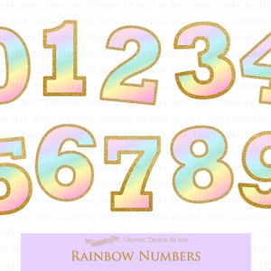 Rainbow Numbers, Gold Glitter Numbers, Number Clip Art - Instant ...