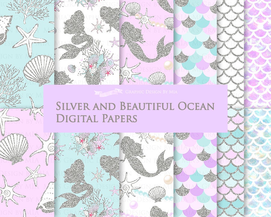 Silver Mermaid Clip Art Digital Paper Set Mermaid Digital | Etsy UK