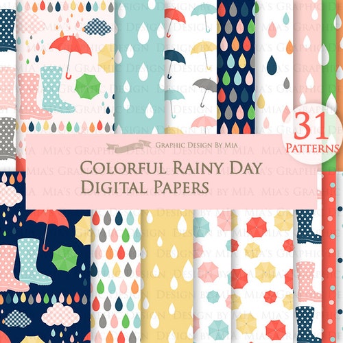 Rain Digital Paper. Raindrop Umbrella Cloud Pattern - Etsy