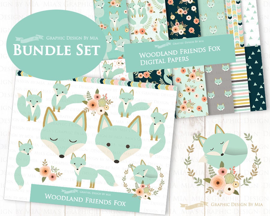 Fox Clipart, Mint Fox, Woodland Friends, Fox Digital, Fox Clip Art ...
