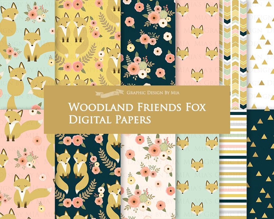 Fox Digital Paper Flat Gold Fox Woodland Friends Fox | Etsy