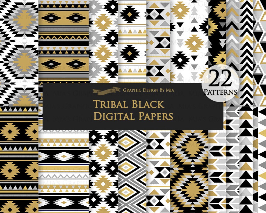 Tribal Black, Flat Gold, Aztec, Digital Paper Pack - Instant Download ...