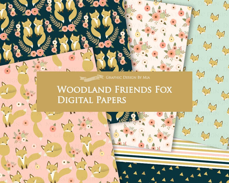 Fox Digital Paper Flat Gold Fox Woodland Friends Fox | Etsy