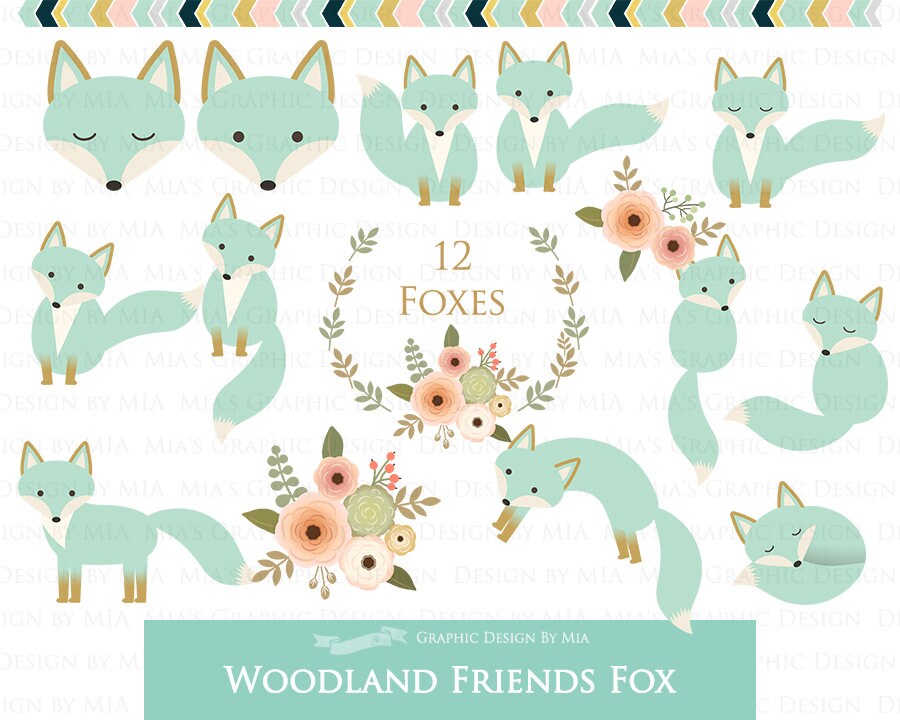 Fox Clipart, Mint Fox, Woodland Friends, Fox Digital, Fox Clip Art ...
