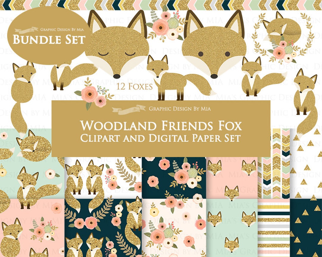 Fox Clipart, Glitter Gold Fox, Woodland Friends, Fox Digital, Fox Clip ...