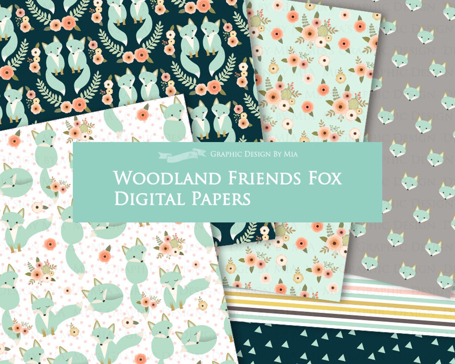 Fox Digital Paper, Mint Fox, Woodland Friends, Fox Digital, Fox Digital ...