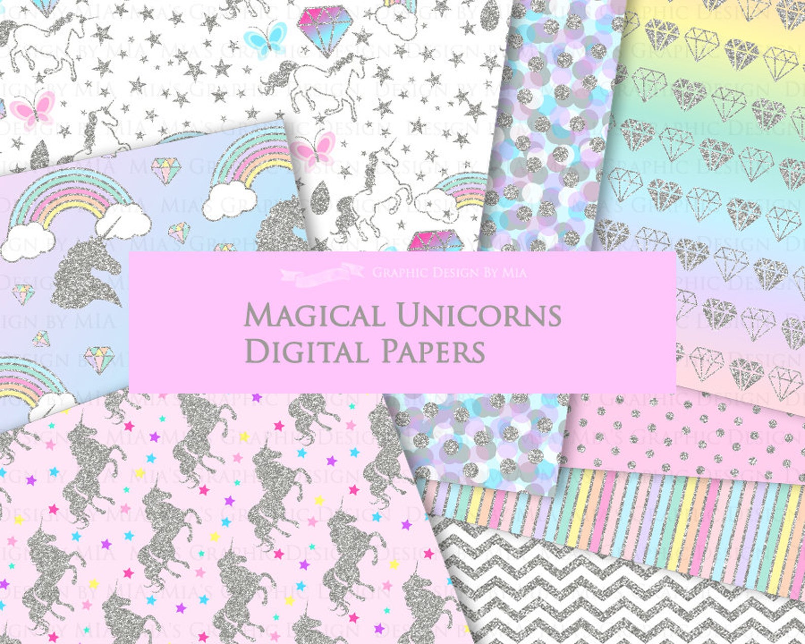 Magical Unicorns, Silver Glitter Unicorns, Einhorn, Unicorn Digital ...