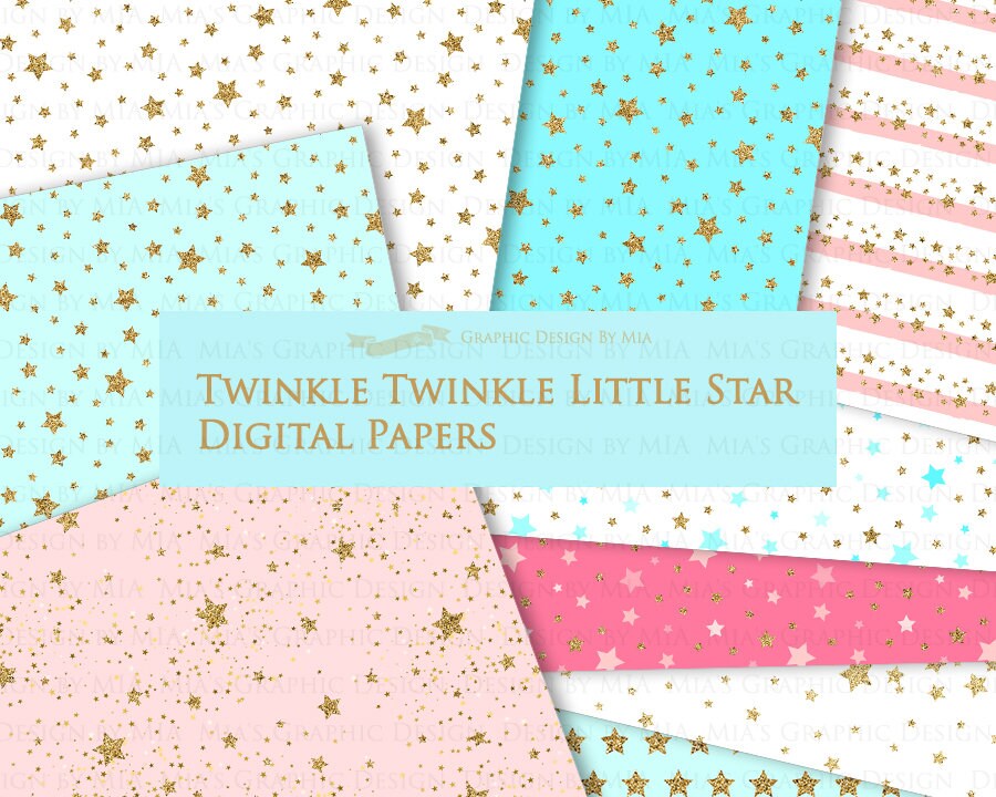 Pink Light Blue Gold Stars, Gold Glitter, Star Digital, Twinkle Twinkle ...