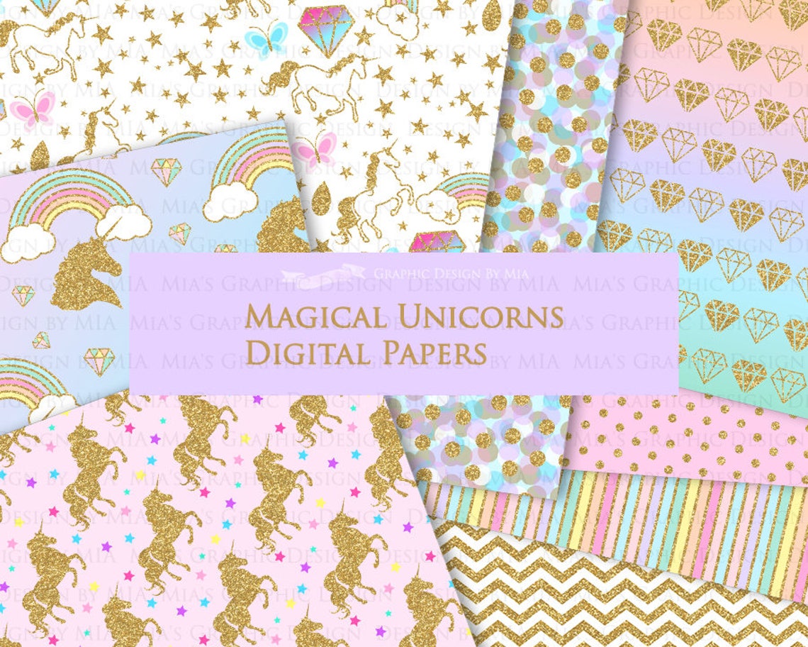 Magical Unicorns, Gold Glitter Unicorns, Einhorn, Unicorn Digital ...