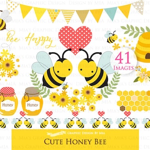 Cute Bee, Bee, Honey Bee, Beehive Clip Art + Digital Paper Set ...