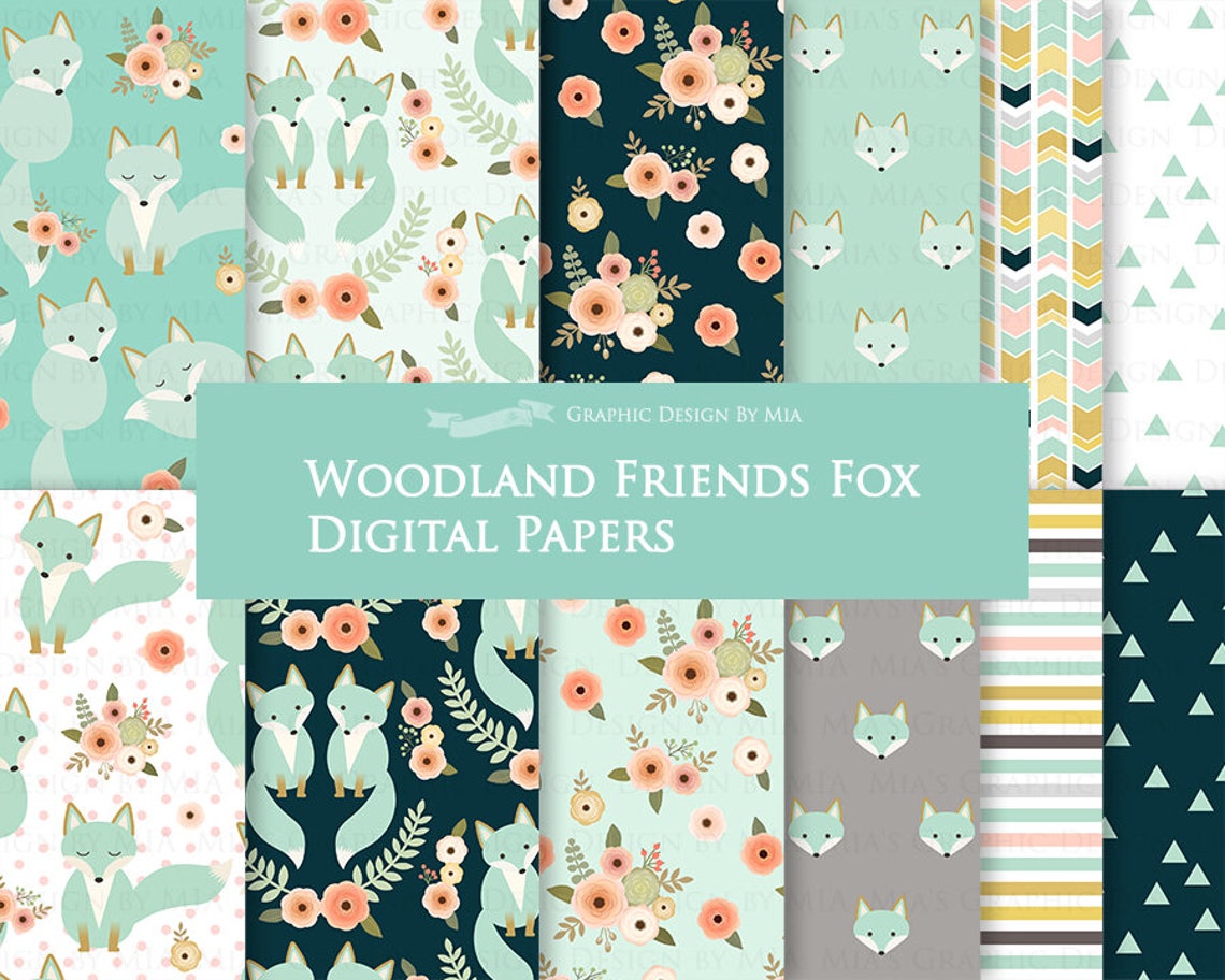 Fox Digital Paper, Mint Fox, Woodland Friends, Fox Digital, Fox Digital ...