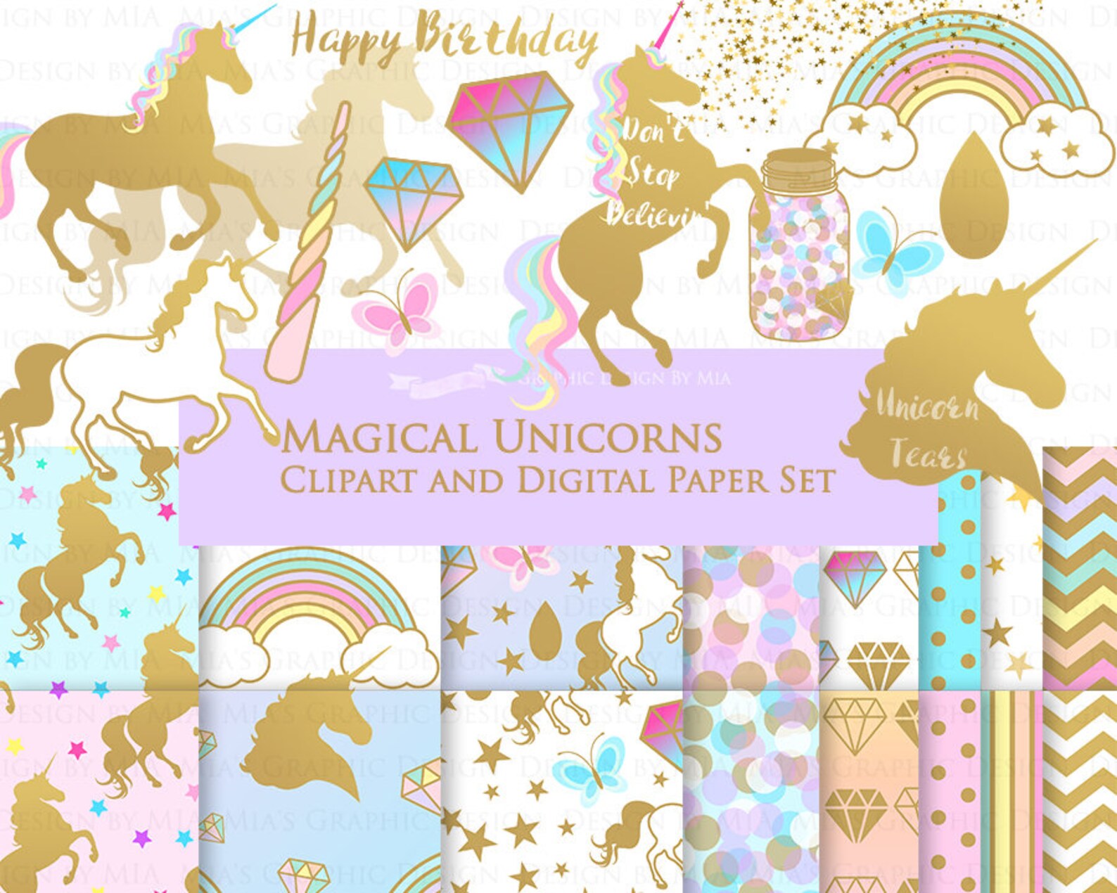 Magical Unicorns, Flat Gold Unicorns, Einhorn, Unicorn Digital, Unicorn ...