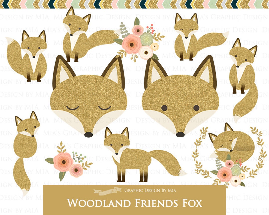 Fox Clipart, Glitter Gold Fox, Woodland Friends, Fox Digital, Fo Clip ...
