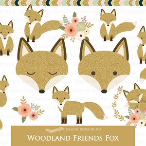Fox Clipart, Glitter Gold Fox, Woodland Friends, Fox Digital, Fo Clip ...