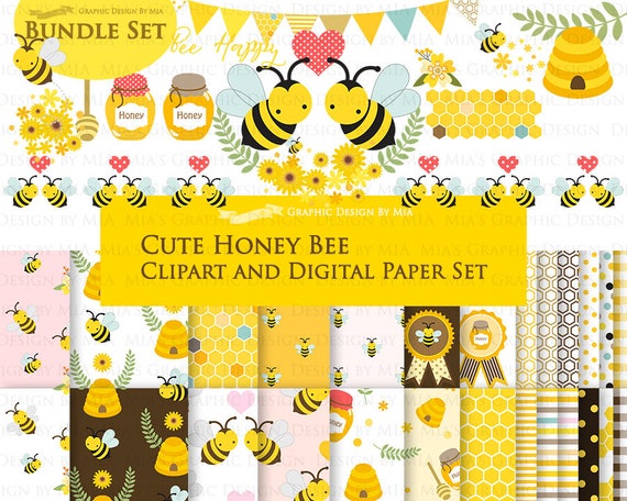 Cute Bee, Bee, Honey Bee, Beehive Clip Art + Digital Paper Set ...