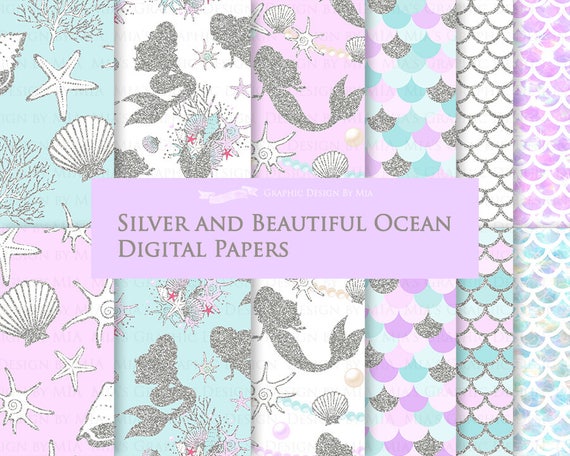 Silver and Beautiful Ocean / Mermaids Digital Paper Pack - Instant ...
