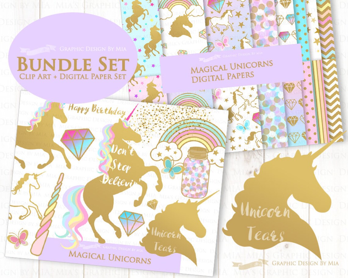 Magical Unicorns Flat Gold Unicorns Einhorn Unicorn | Etsy