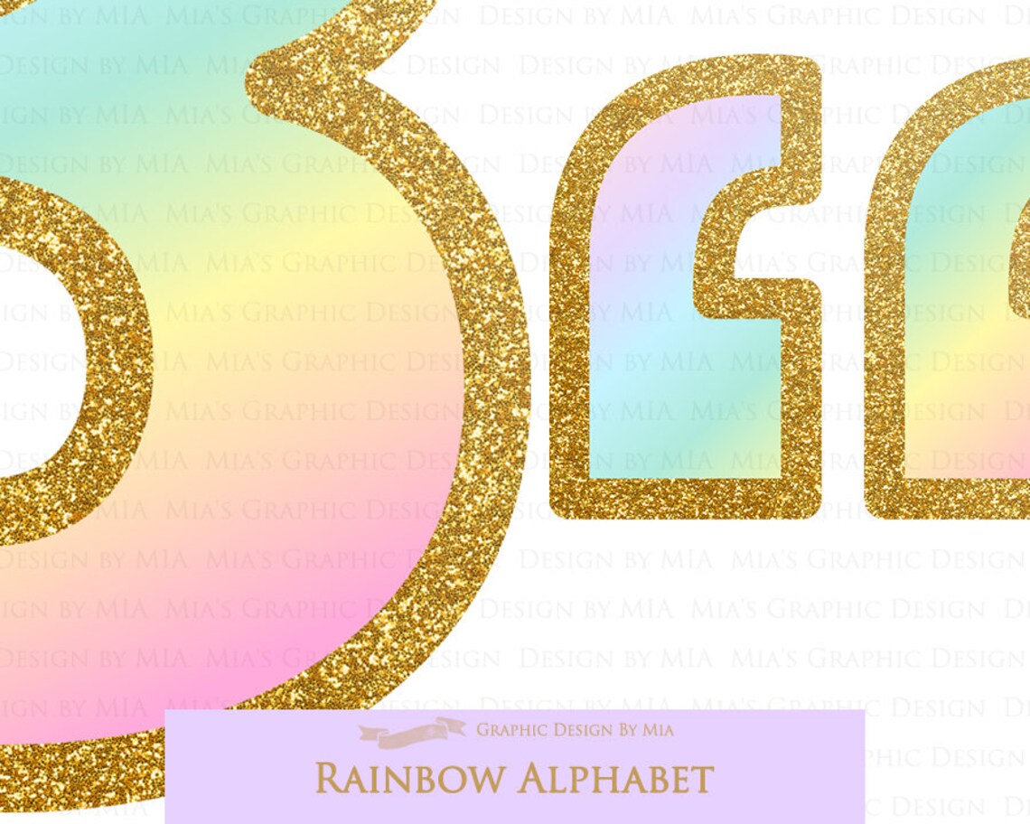 Rainbow Alphabet & Numbers, Gold Glitter Gradient Letters, Capital ...
