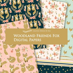 Fox Digital Paper, Glitter Gold Fox, Woodland Friends, Fox Digital, Fox ...