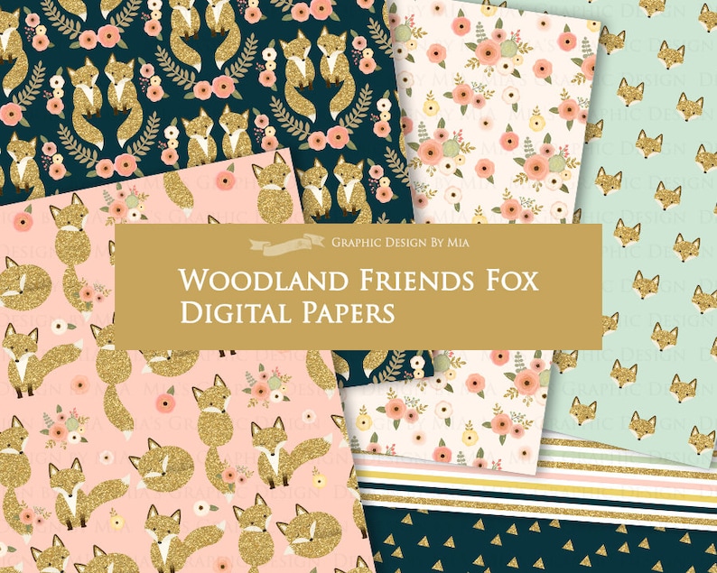 Fox Digital Paper, Glitter Gold Fox, Woodland Friends, Fox Digital, Fox ...