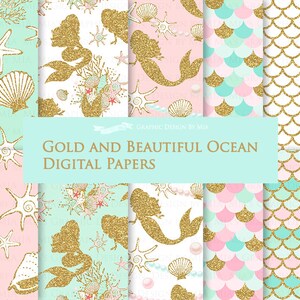 Gold Mermaid Clip Art + Digital Paper Set, Mermaid Digital, Seashell ...