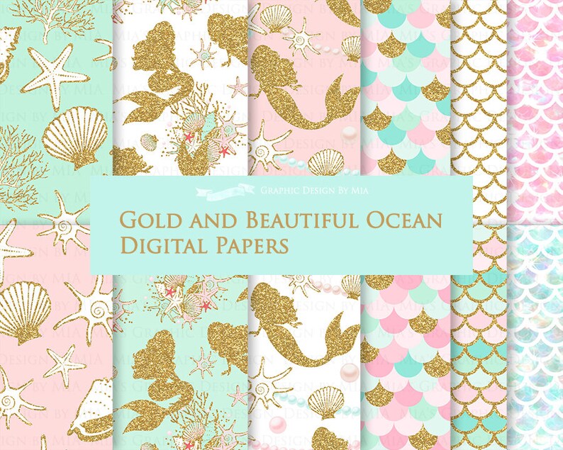 Gold Mermaid Clip Art + Digital Paper Set, Mermaid Digital, Seashell ...