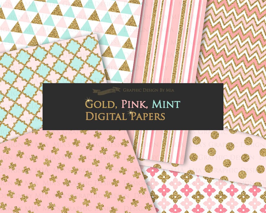 Gold Pink Mint Gold Glitter Digital Paper Pack Instant - Etsy