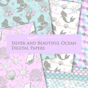 Silver and Beautiful Ocean / Mermaids Digital Paper Pack - Instant ...