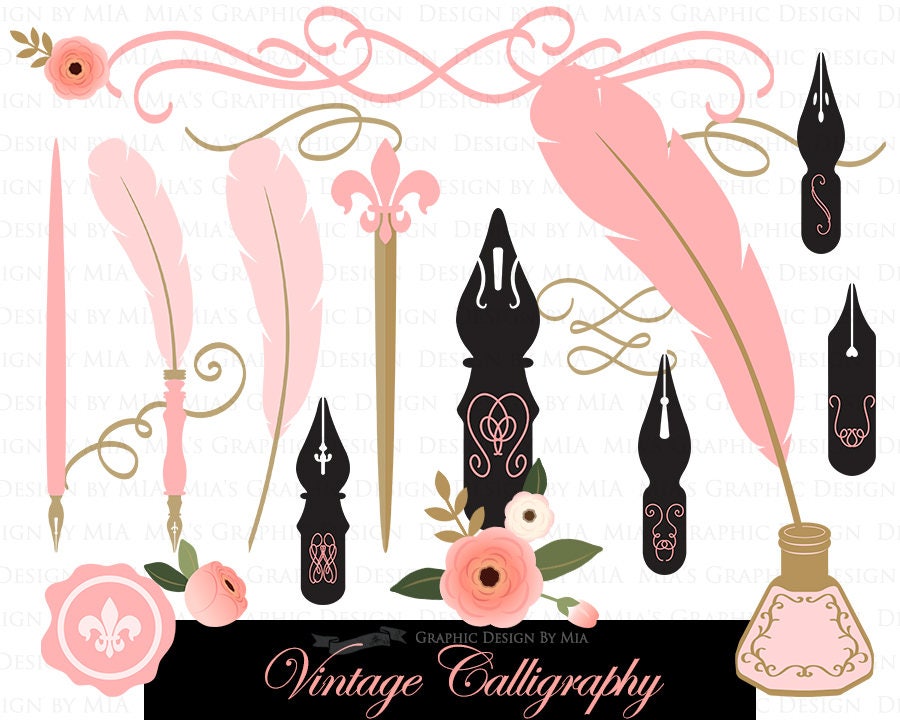 Calligraphy and Swirls / Pink Clip Art Digital Paper Set | Etsy