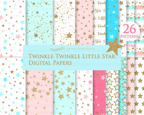 Pink Light Blue Gold Stars, Gold Glitter, Star Digital, Twinkle Twinkle ...