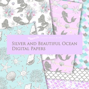 Silver and Beautiful Ocean / Mermaids Digital Paper Pack - Instant ...
