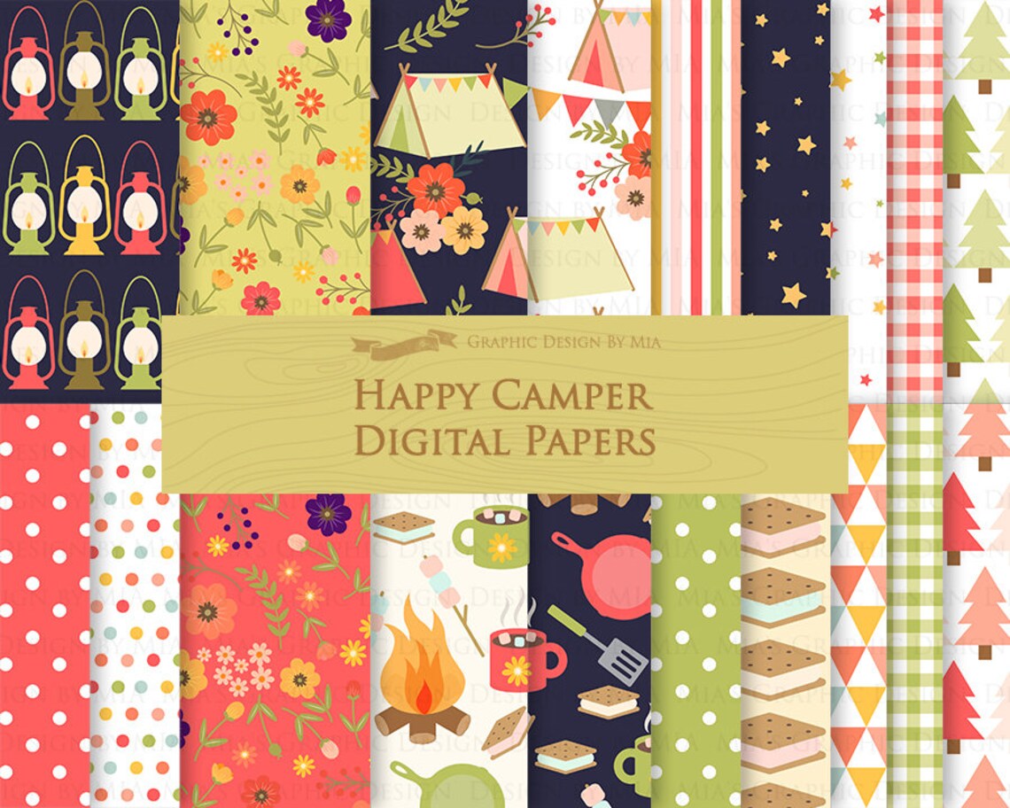 Camping Digital Paper Happy Camper Camping Red & Green - Etsy