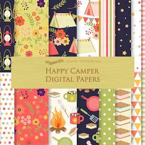Camping Digital Paper, Happy Camper, Camping, Red & Green Digital Paper ...
