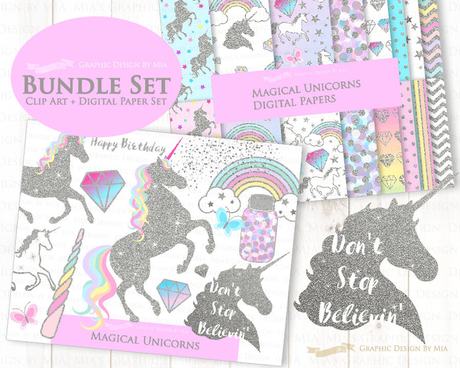 Magical Unicorns, Silver Glitter Unicorns, Einhorn, Unicorn Digital ...