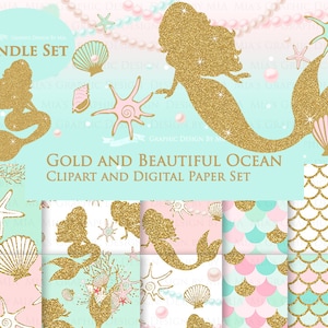 Gold Mermaid Clip Art + Digital Paper Set, Mermaid Digital, Seashell ...