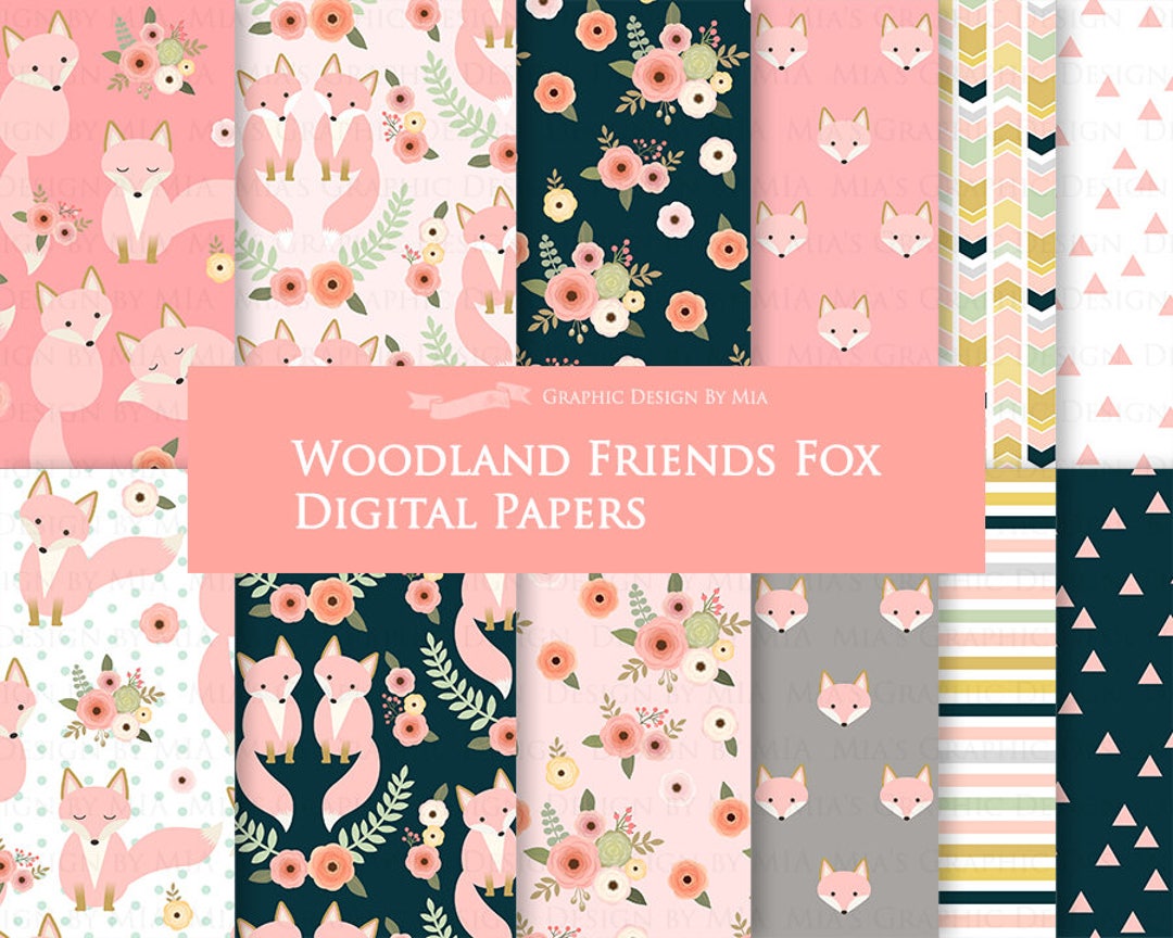 Fox Digital Paper, Pink Fox, Woodland Friends, Fox Digital, Fox Digital ...