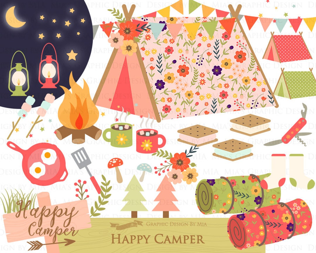 Camping Clipart, Happy Camper, Camping, Red & Green Clip Art - Instant ...
