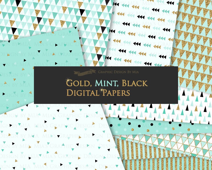 Gold Mint Black Gold Glitter Digital Paper Pack Instant | Etsy