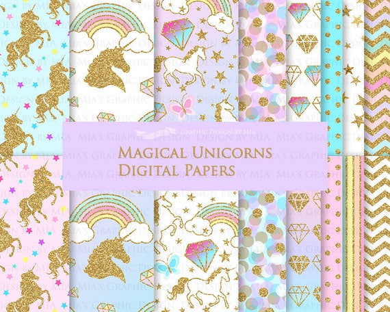 Magical Unicorns, Gold Glitter Unicorns, Einhorn, Unicorn Digital ...