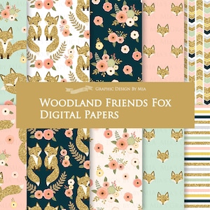 Fox Digital Paper, Glitter Gold Fox, Woodland Friends, Fox Digital, Fox ...