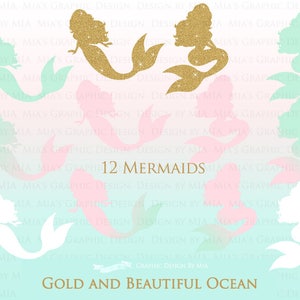 Gold Mermaid Clip Art + Digital Paper Set, Mermaid Digital, Seashell ...
