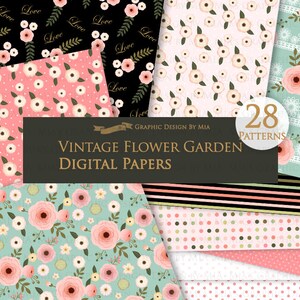 Vintage Flower Garden, Black, Pink, Antique Teal, Flower Digital ...