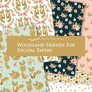 Fox Digital Paper, Glitter Gold Fox, Woodland Friends, Fox Digital, Fox ...