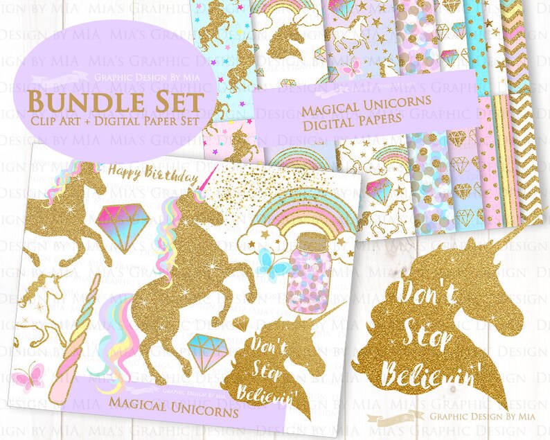 Magical Unicorns, Gold Glitter Unicorns, Einhorn, Unicorn Digital ...