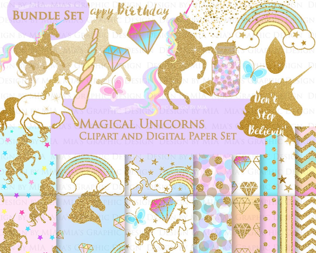 Magical Unicorns, Gold Glitter Unicorns, Einhorn, Unicorn Digital ...