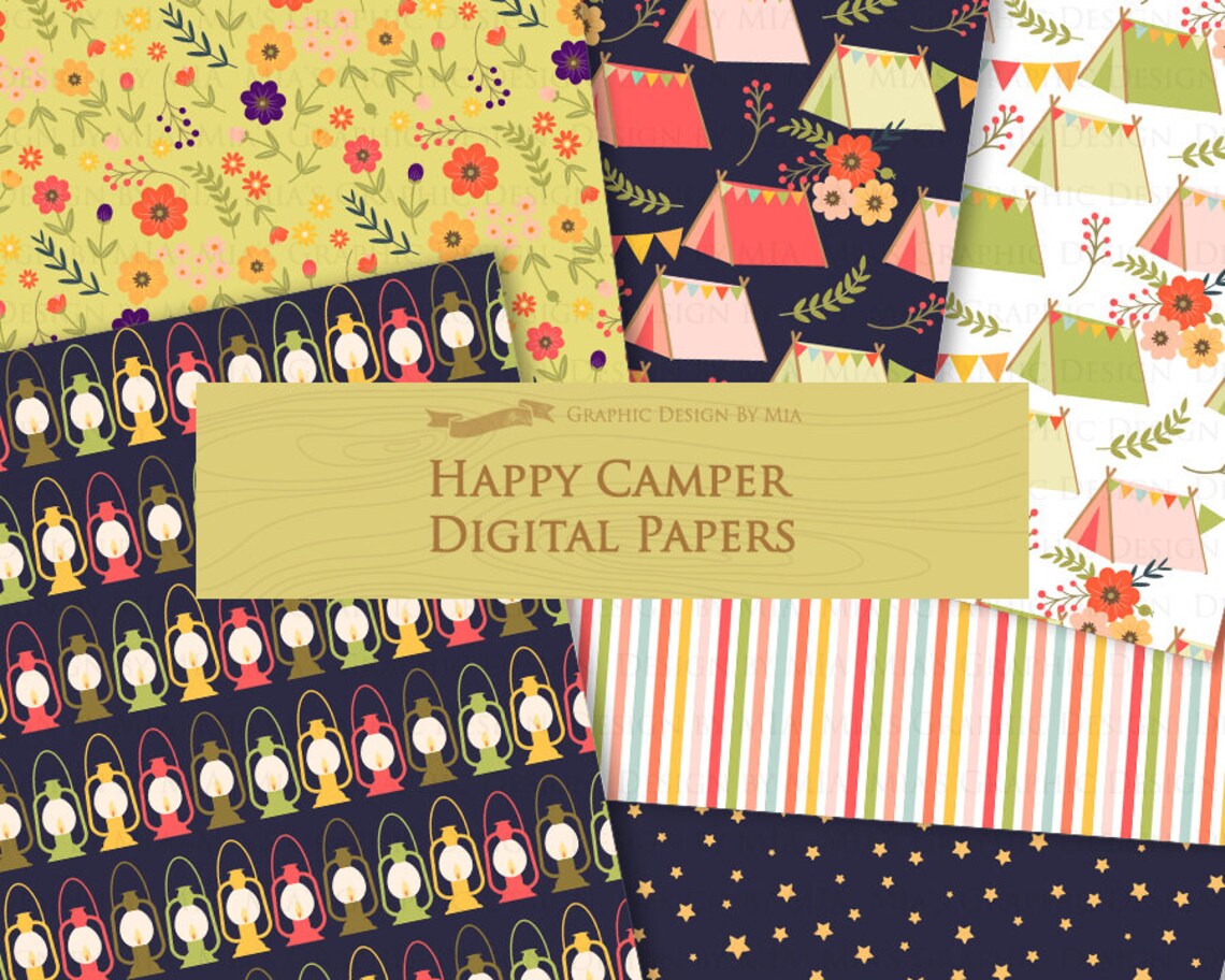 Camping Digital Paper Happy Camper Camping Red & Green - Etsy